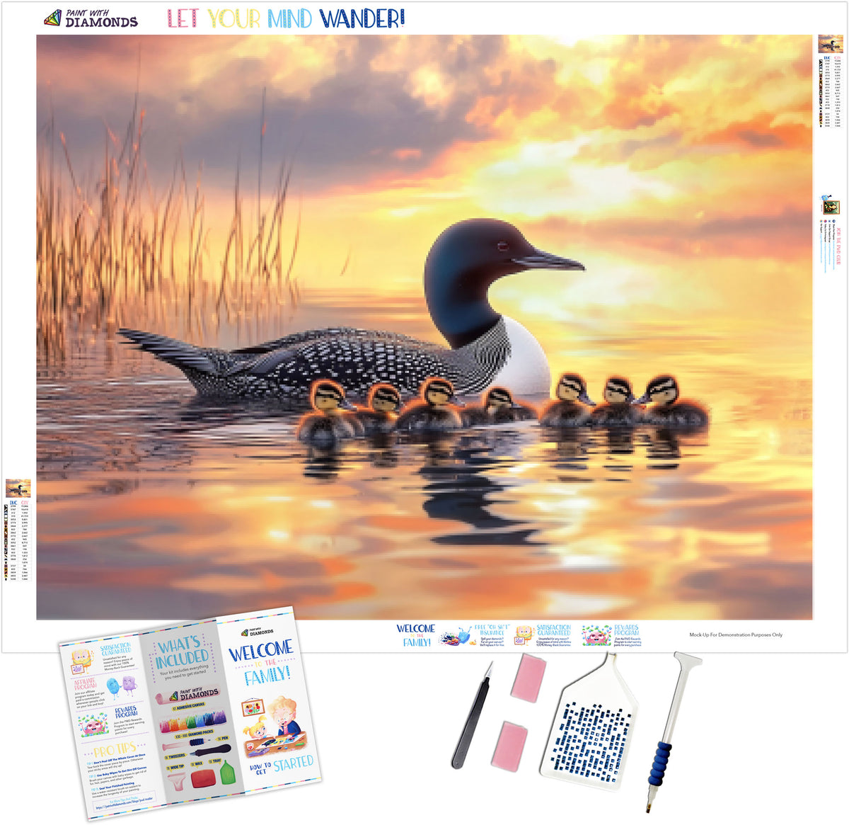 Loon and Ducklings on a Sunset Lake – Paint With Diamonds
