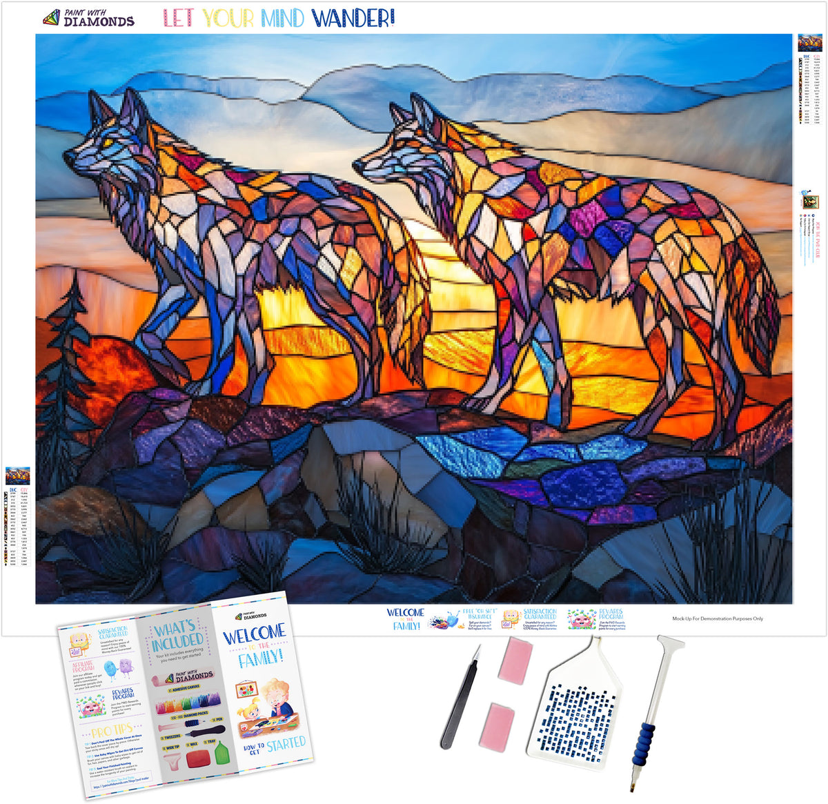 Mosaic of the Wild Stained Glass Wolves Official Diamond Painting Kit ...