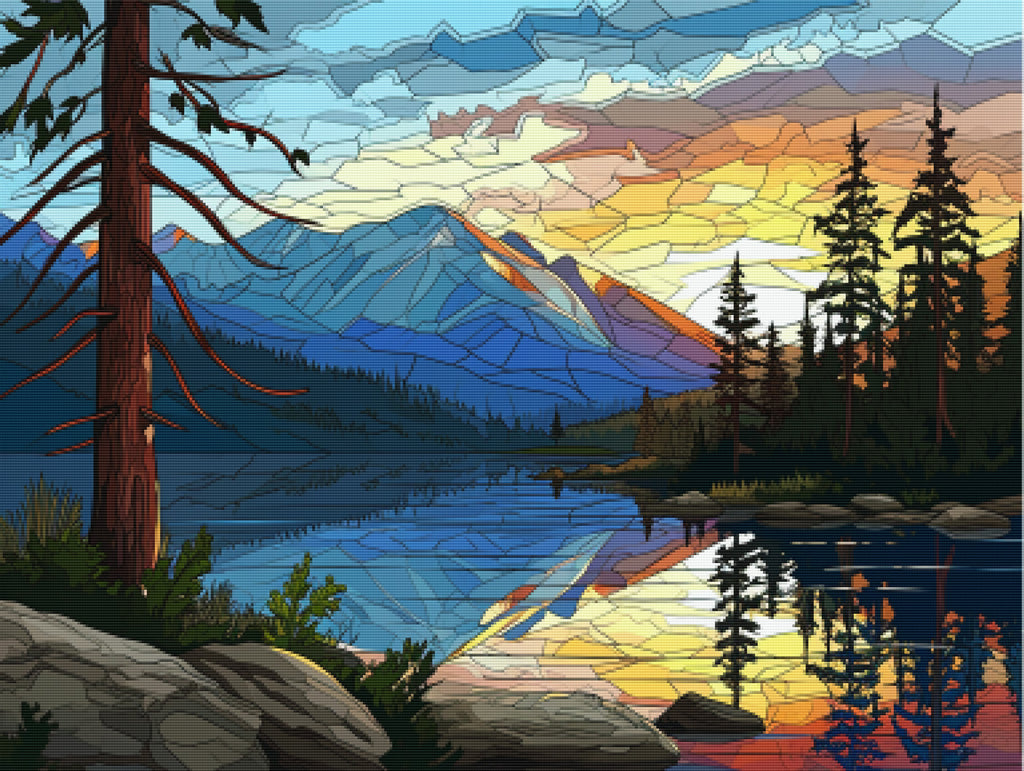 Mountain Lake at Dawn Stained Glass Official Diamond Painting Kit ...