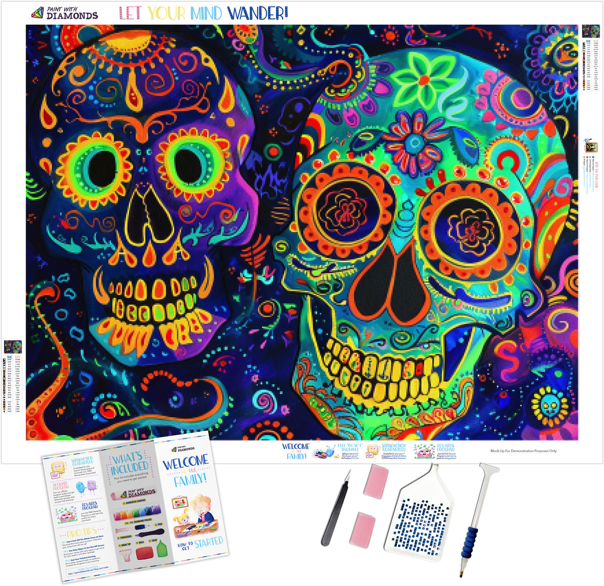 Psychedelic Neon Sugar Skulls Official Diamond Painting Kit | Diamond ...